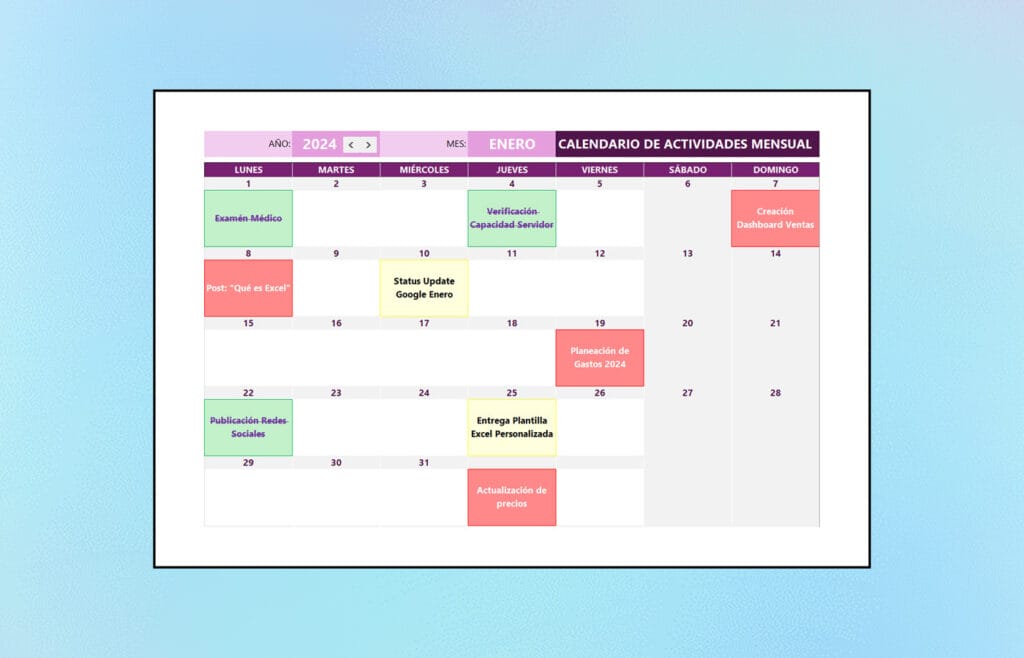 Plantilla Calendario de Actividades en Excel