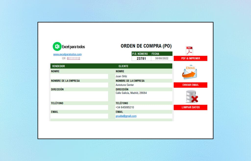 Formato Orden de Compra en PDF y Excel