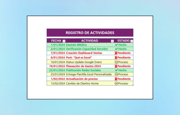 Plantilla Calendario de Actividades en Excel