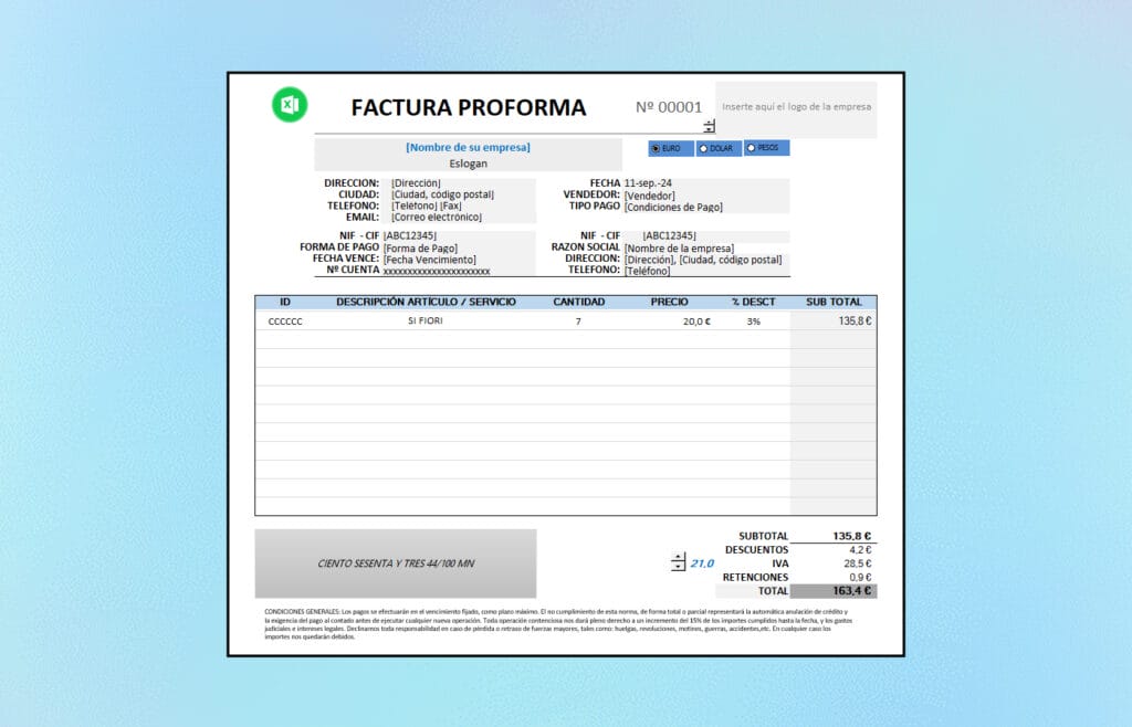 Modelo de Factura Proforma en Excel y PDF