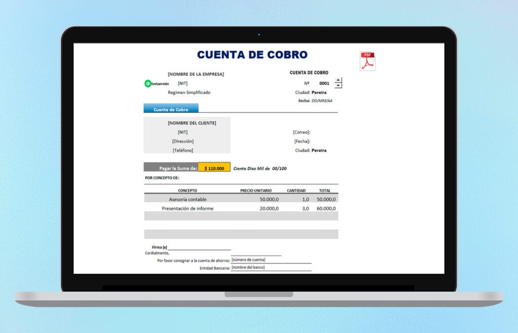 Cuenta de Cobro en Excel y PDF - Descarga Gratis