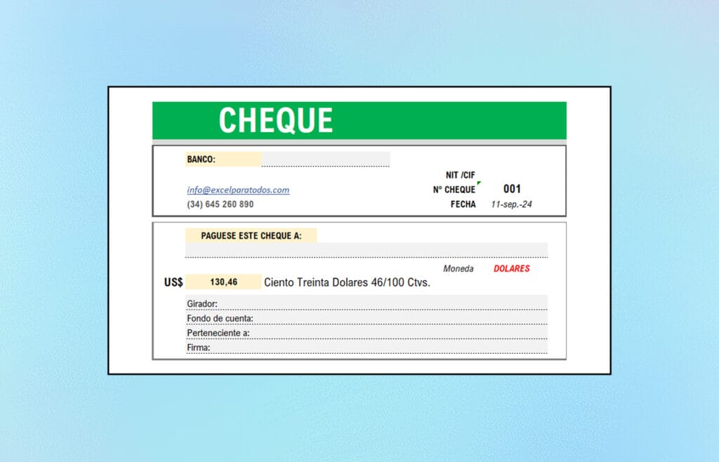 Formato de Cheque en Blanco para Llenar - Excel y PDF
