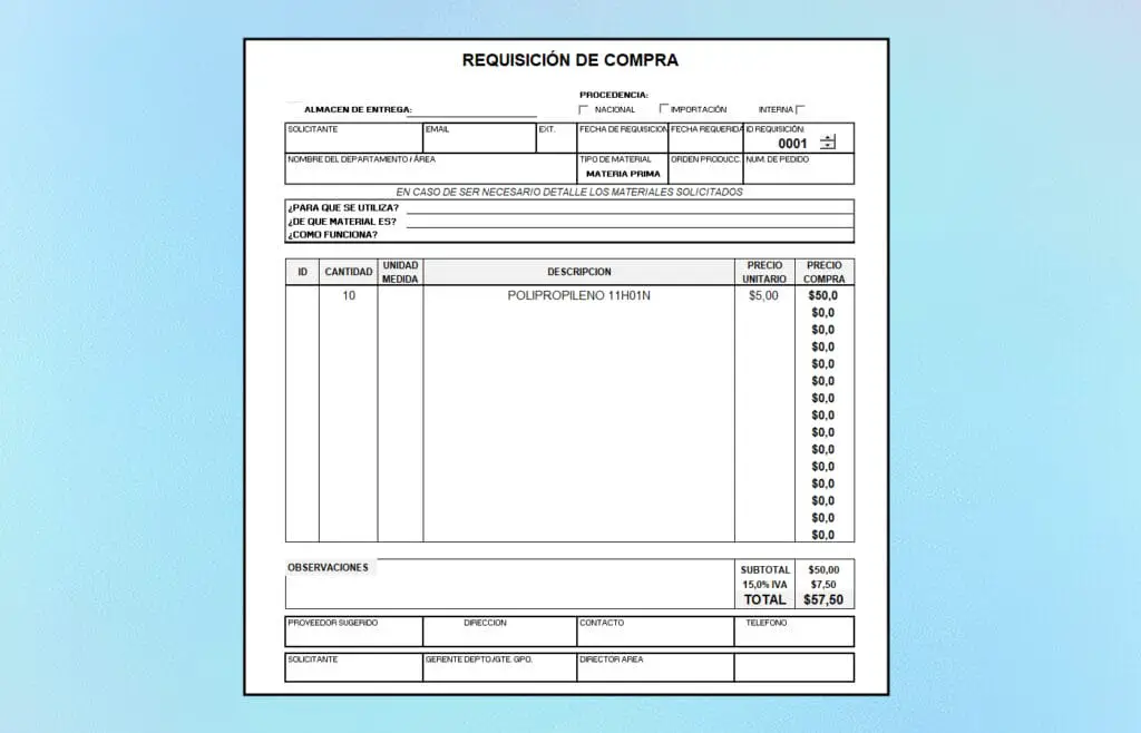 Formato de Requisición de Compra en Excel y PDF