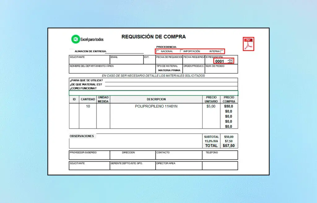 Formato de Requisición de Compra en Excel y PDF