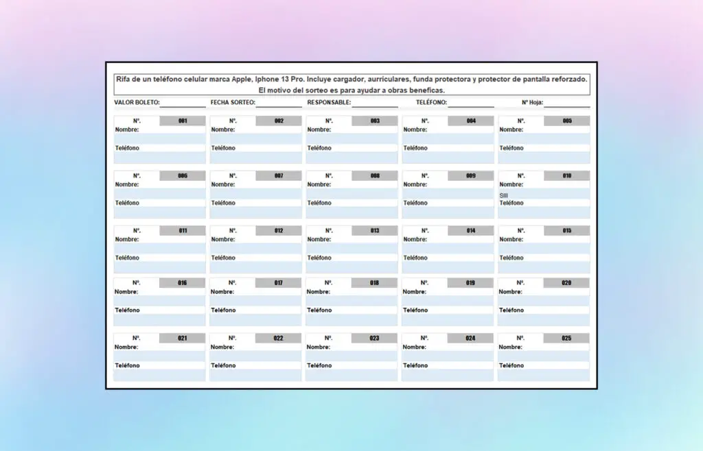 Hoja de Rifa de 100 Números para Imprimir en Excel