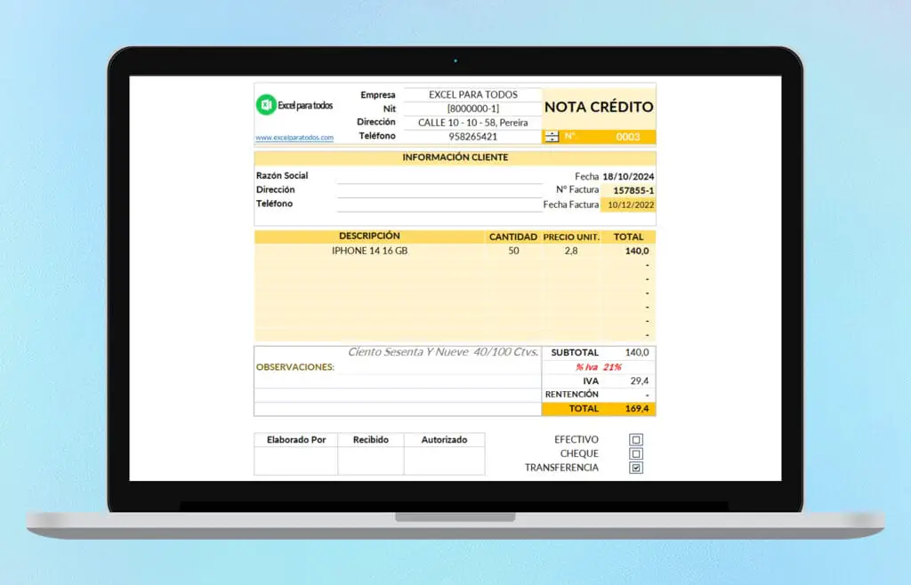 Formato Nota de Débito en Excel y PDF - Descarga Gratis