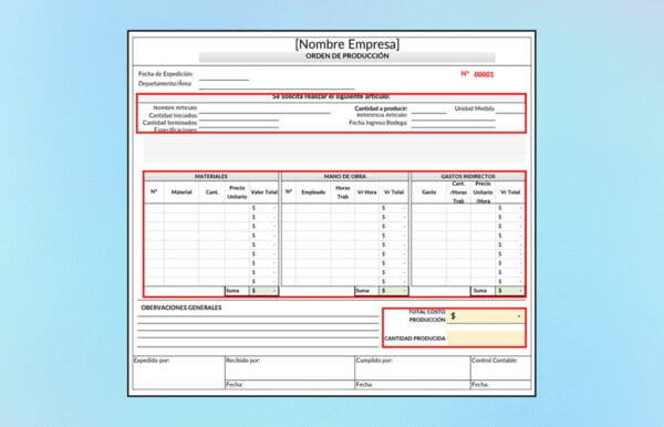 Formato Orden de Producción en Excel y PDF