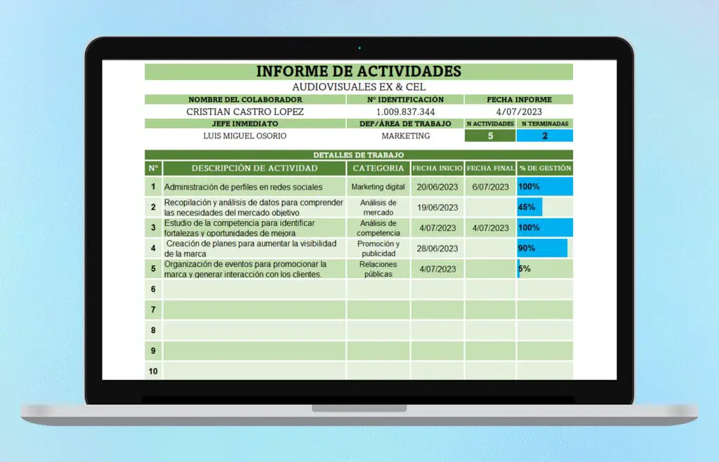 Formato Reporte de Actividades en Excel y PDF