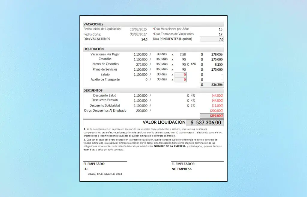 Formato de Liquidación Laboral en Excel - Colombia