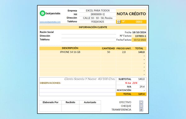 Formato de Nota de Crédito en Excel y PDF