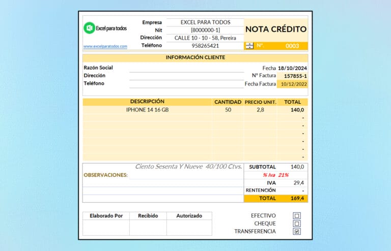 Formato de Nota de Crédito en Excel y PDF