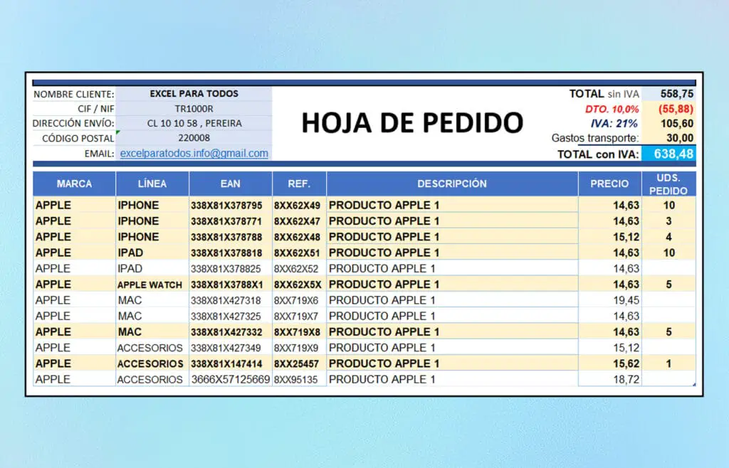 Plantilla Hoja de Pedido en Excel y PDF