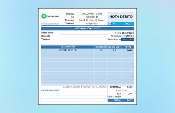 Formato Nota de Débito en Excel y PDF - Descarga Gratis