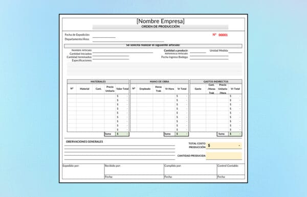 Formato Orden de Producción en Excel y PDF