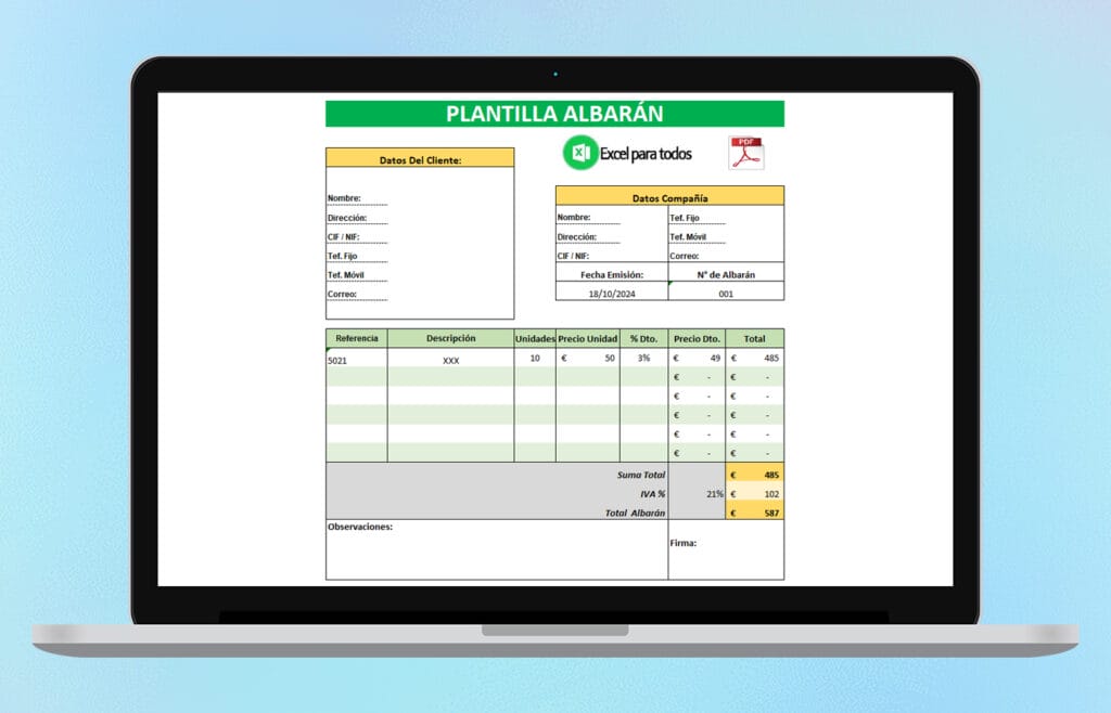 Plantilla de Albarán de Entrega en Excel y PDF