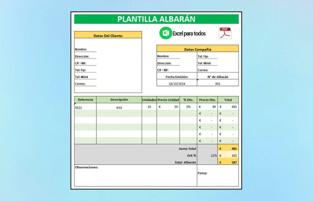 Plantilla de Albarán de Entrega en Excel y PDF
