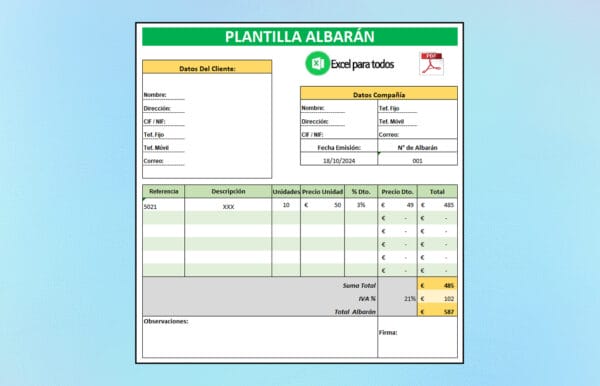 Plantilla de Albarán de Entrega en Excel y PDF