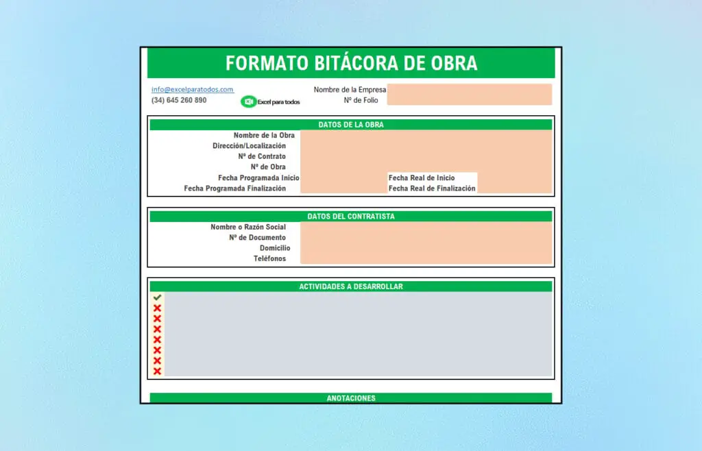 Formato Bitácora de Obra en Excel y PDF - Descarga Gratis