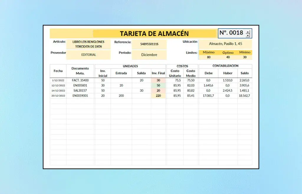 Formato Tarjeta de Almacén en Excel