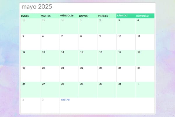 Calendario Mayo 2025 para Imprimir - Excel y PDF