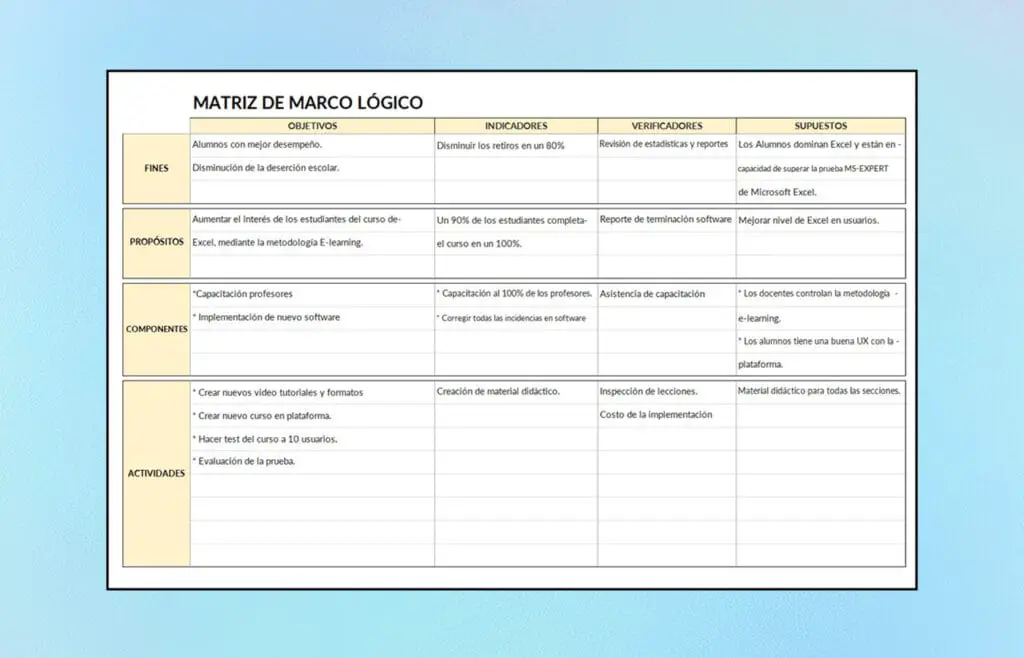 Plantilla Matriz de Marco lógico de un Proyecto en Excel