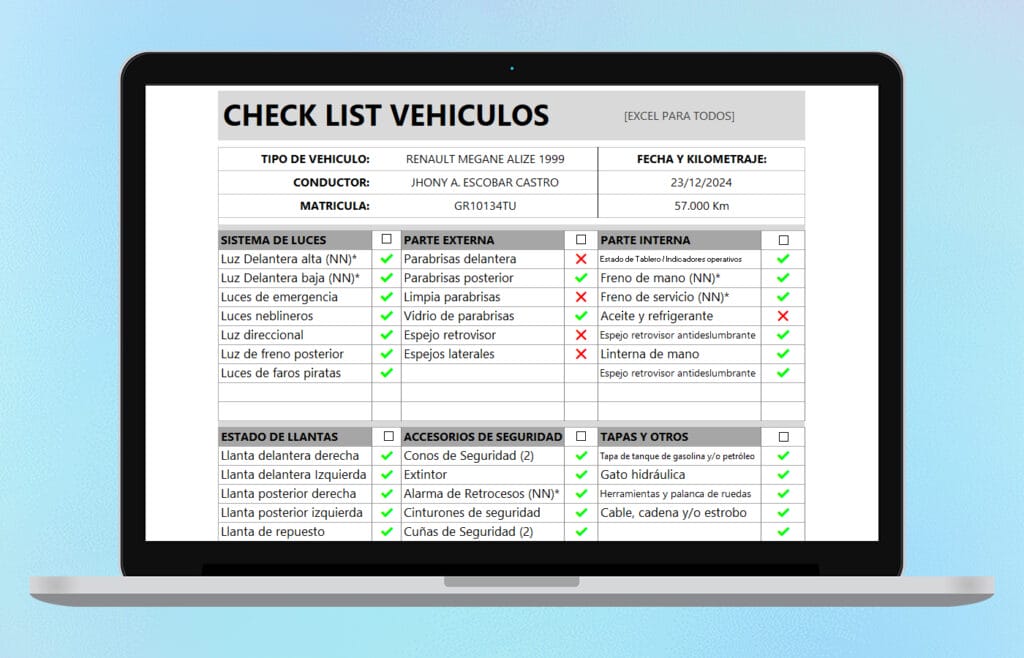 Formato Check List de Vehículos en Excel Gratis