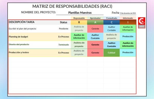 Plantilla Matriz RACI (Responsabilidades) en Excel