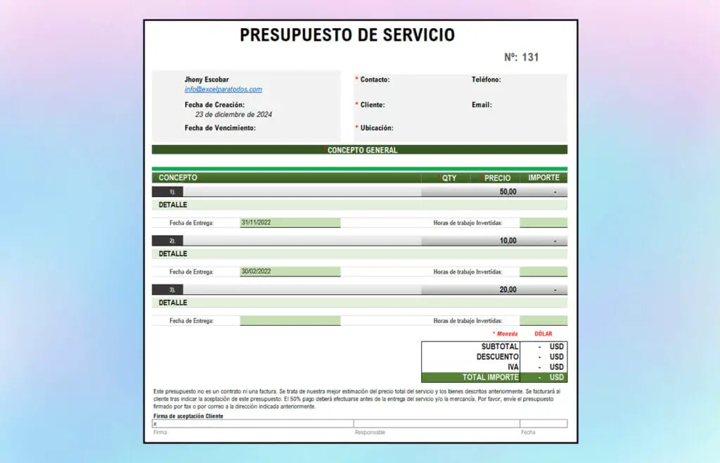 Plantilla Presupuesto de Servicios en Excel