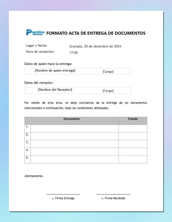Modelo Acta de Entrega de Documentos - Plantilla en Word